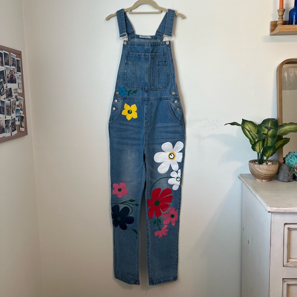 Misslook Denim Overalls With Painted Flowers And Adju… - Gem